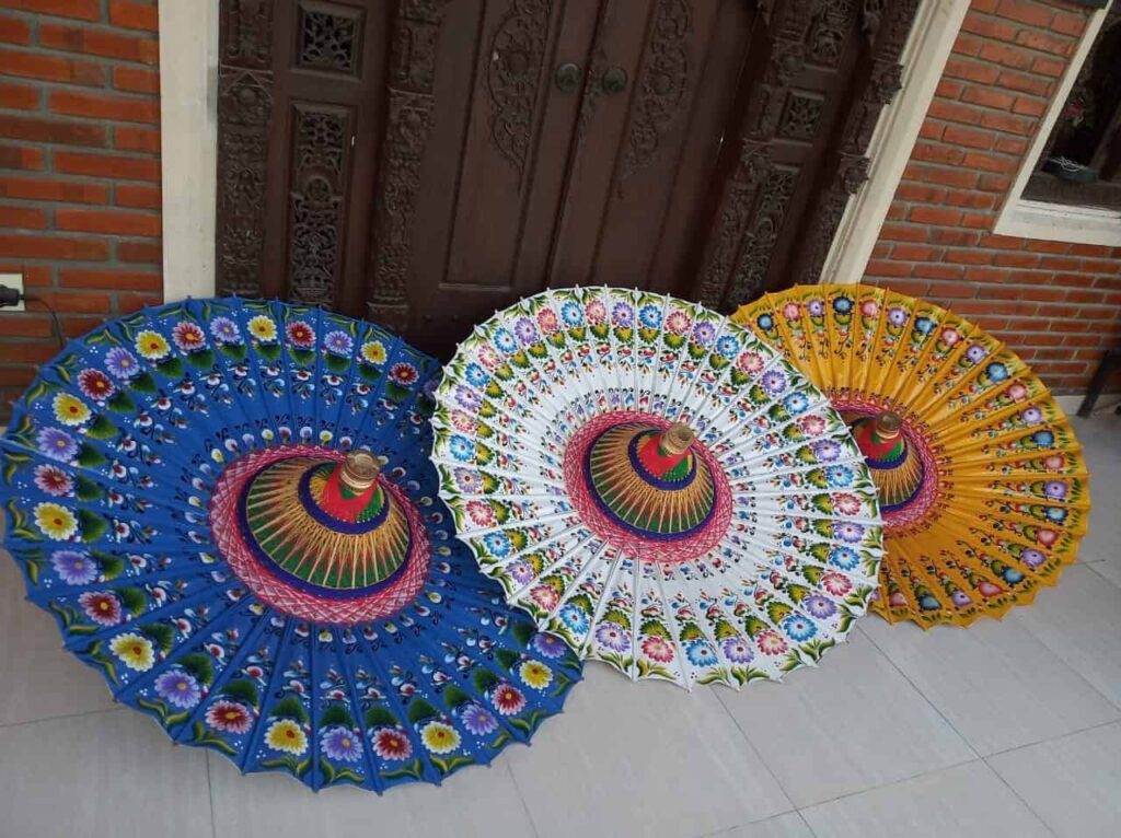 Blue hand painted garden umbrella