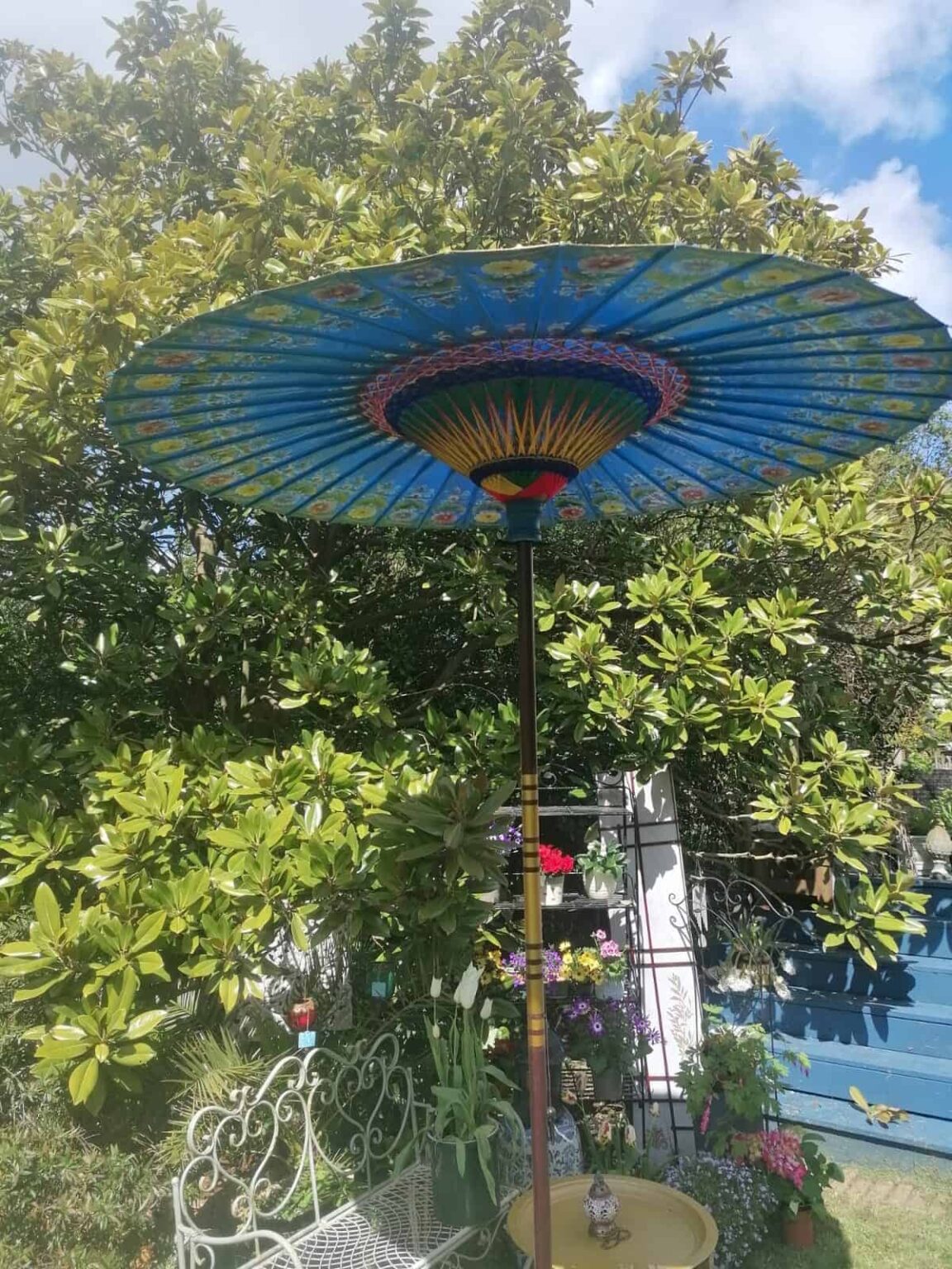 Blue hand painted garden umbrella