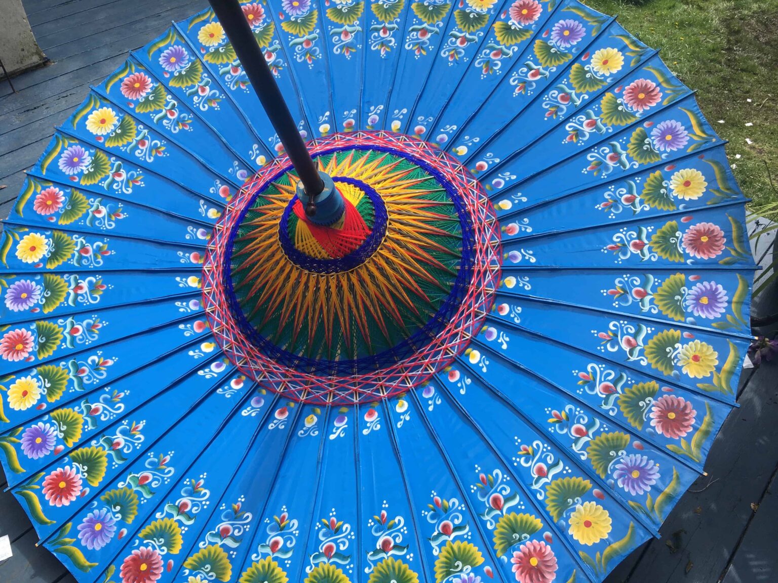 Blue hand painted garden umbrella