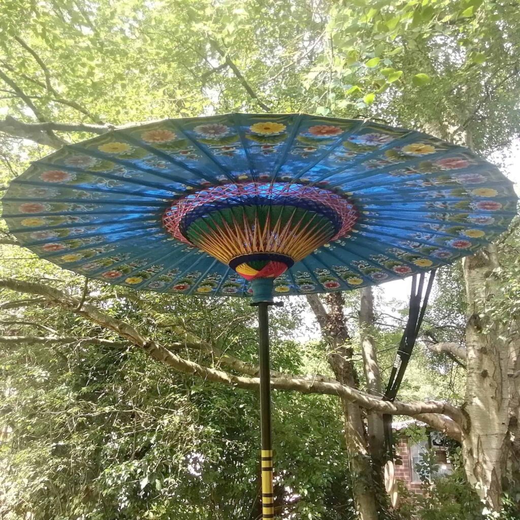 Blue hand painted garden umbrella